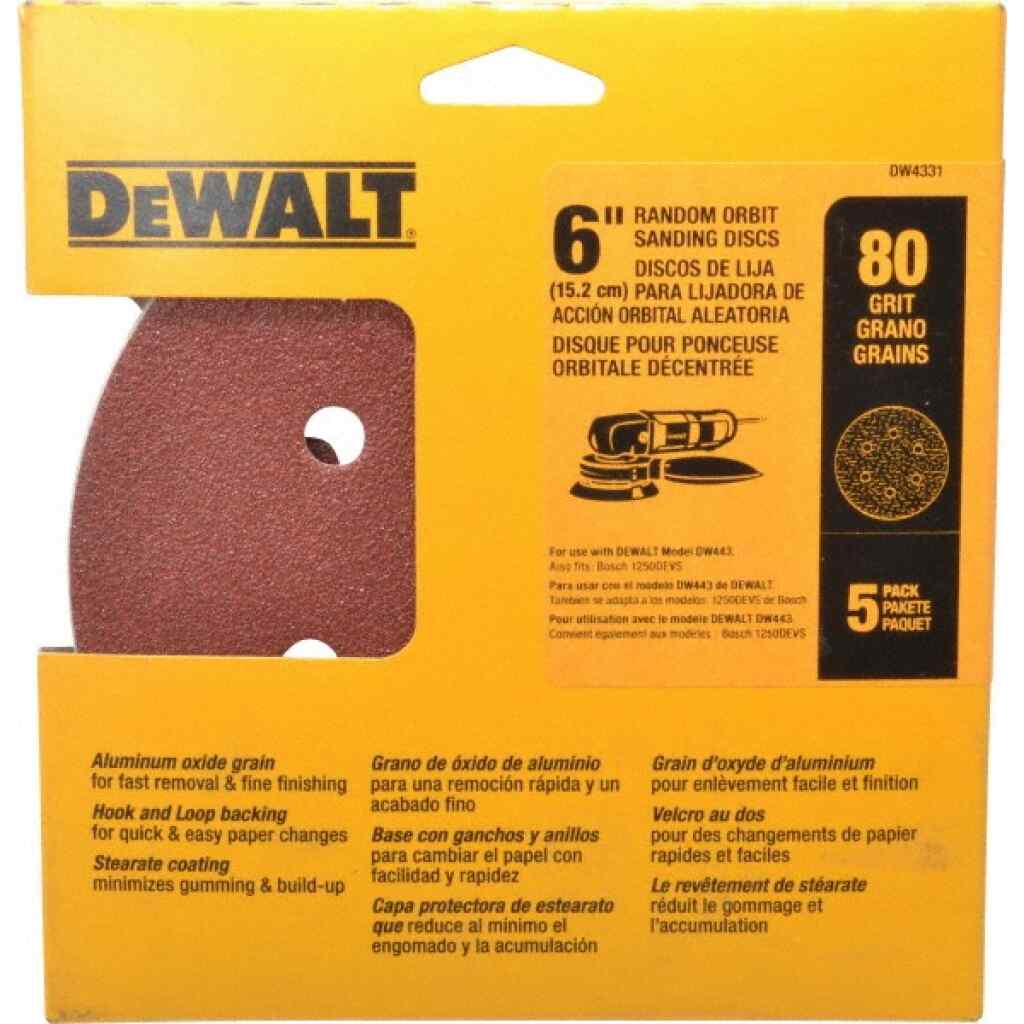 Set De 5 Discos De Lija, 6 Pulg, Grano 80, Tipo Velcro. Marca Dewalt