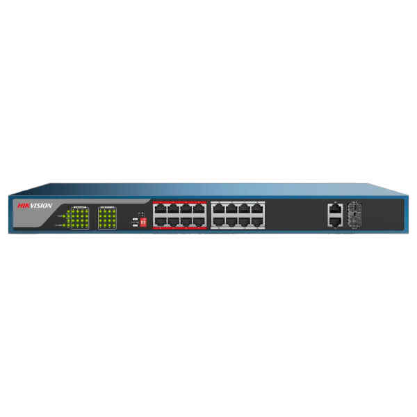 Switch de 16 Puertos PoE 10/100, 2 puertos 1000 Uplink | Hikvision